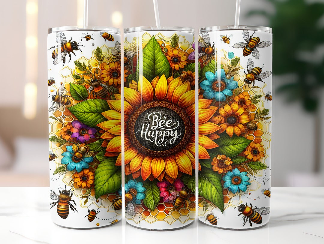 Bee Happy Tumbler Wrap | Bee Happy Wrap Png | Seamless Skinny Tumbler ...