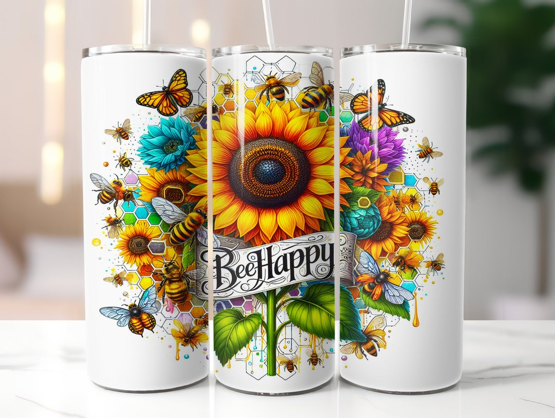 Bee Happy Tumbler Wrap | Bee Happy Wrap Png | Seamless Skinny Tumbler ...