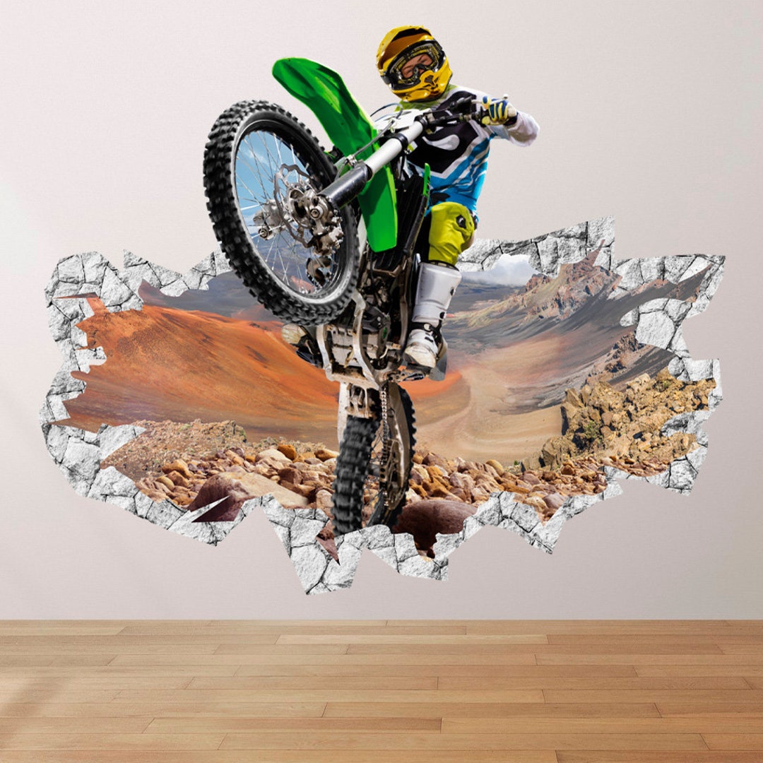 Dirtbike Motorcycle 3D Wall Sticker, Sport Mural Decal, Kids Room, Kids ...