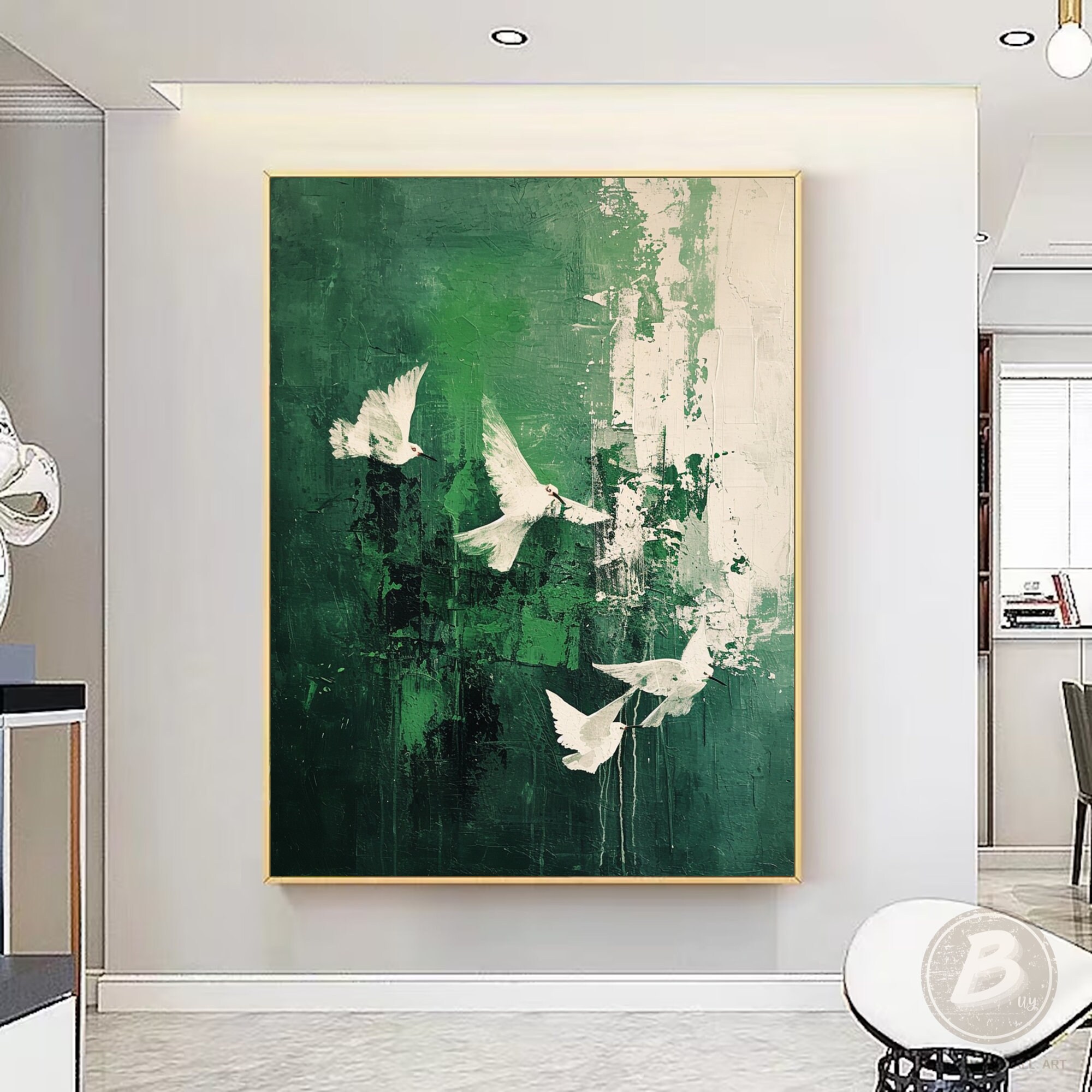Green Abstract Textured Wall Art Large White Bird Abstract Painting ...