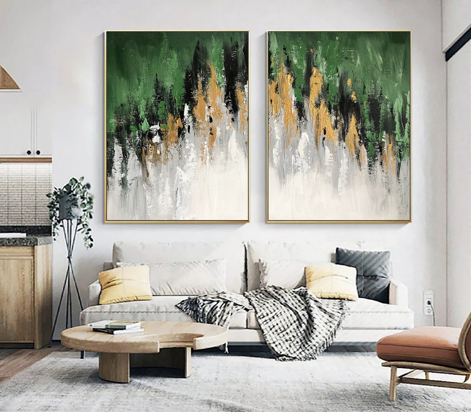 Large Green Abstract Forest Landscape Painting Set of 2 Emerald Green ...