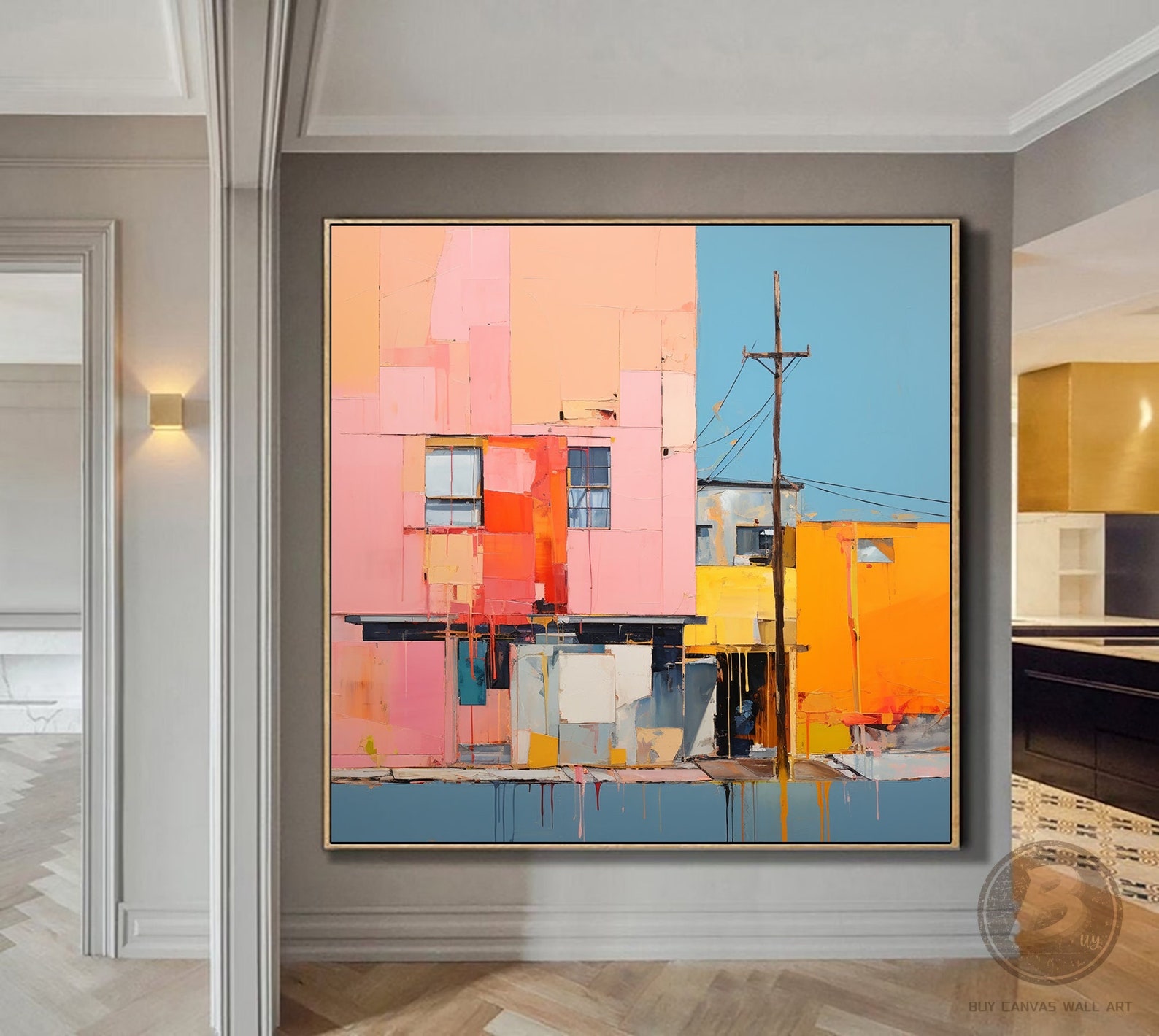 Pink Abstract Building Painting Blue Abstract Wall Art Large Minimalist ...