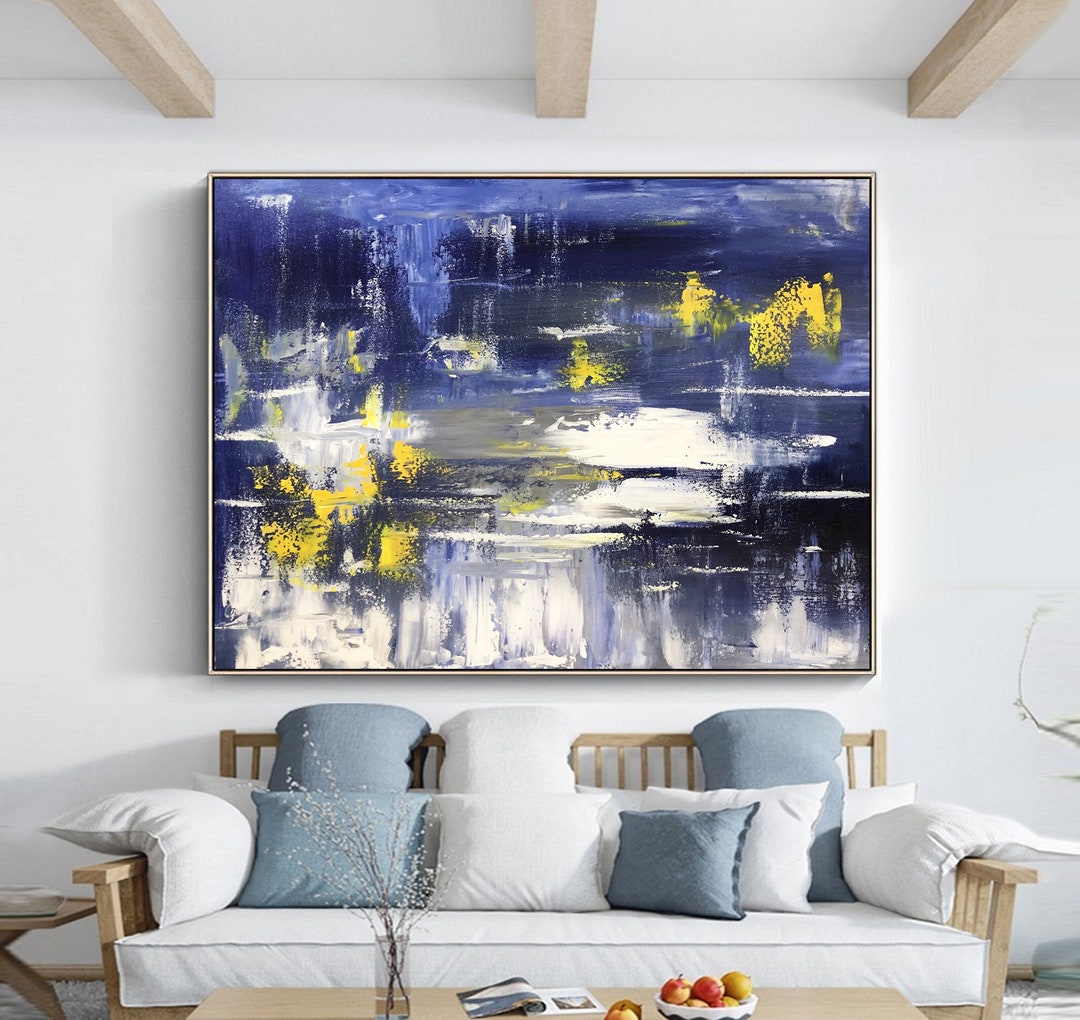 Original Dark Blue Abstract Painting White Textured Wall Art Large Blue ...