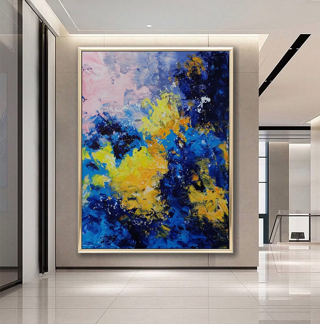Large Original Dark Blue Abstract Painting Gold Textured Wall Art ...