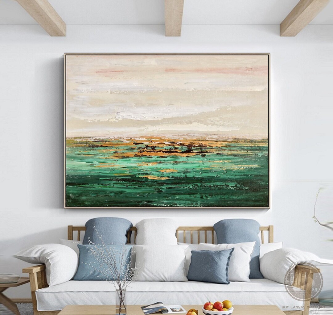Green Abstract Landscape Painting Green Textured Wall Art Beige Sky ...