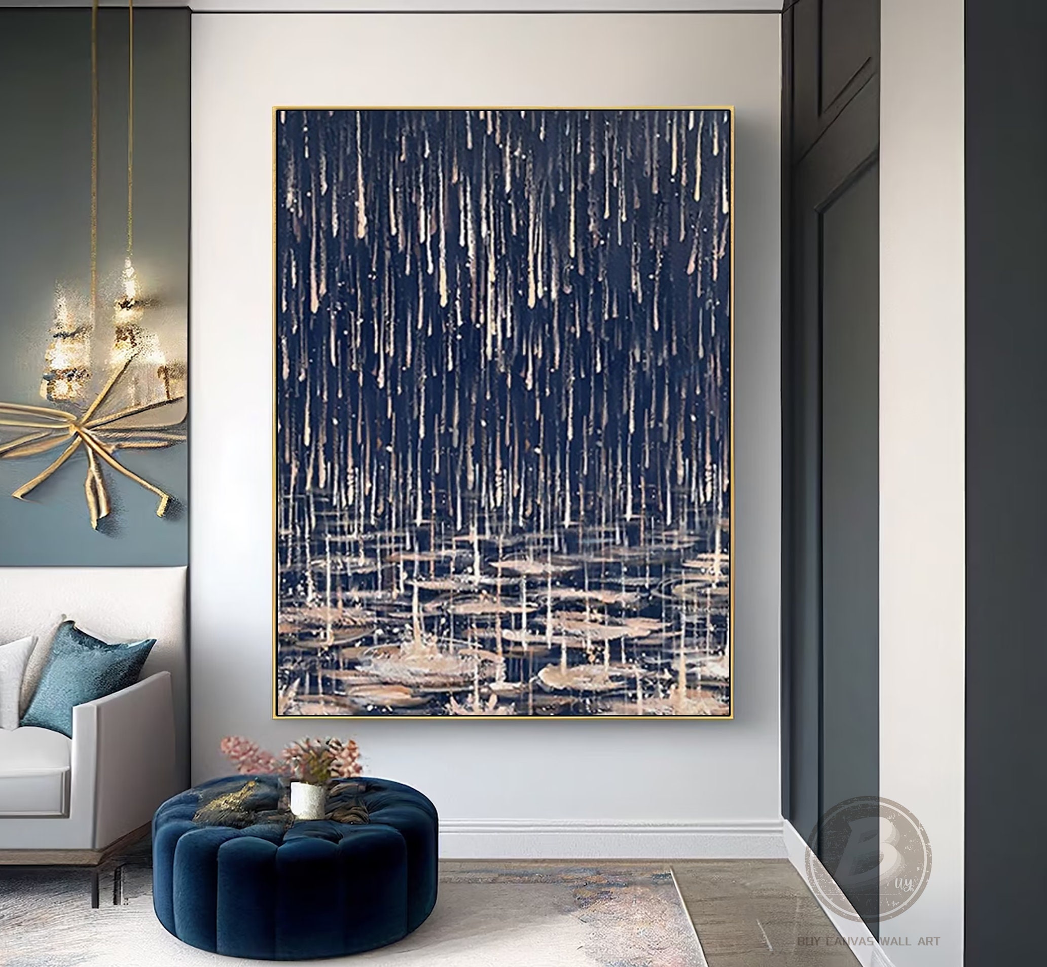 Abstract Rainy Night Landscape Oil Painting on Canvas Large Rain Water ...