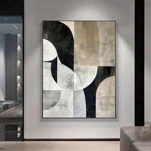 Large Beige Abstract Geometric Oil Painting Modern Wabi Sabi Wall Art ...