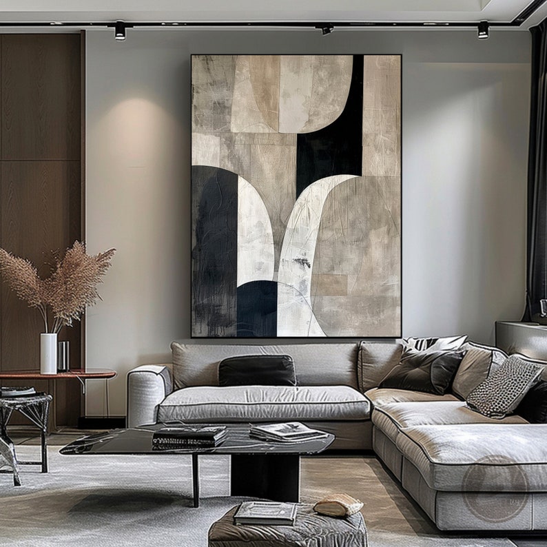 Large Creamy Beige Abstract Geometric Oil Painting Modern Wabi Sabi ...