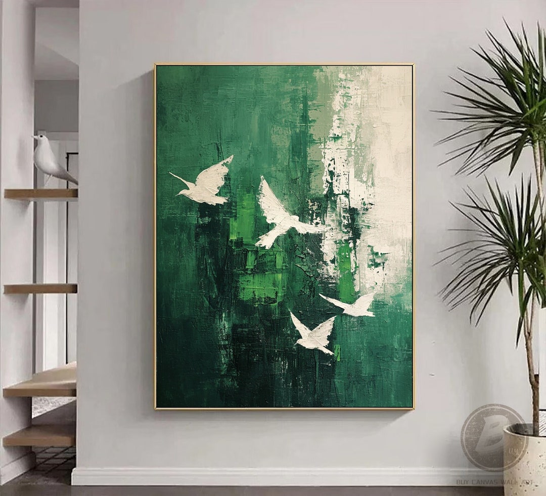 Large Green Abstract Painting Green Minimalist Wall Art White Dove Bird ...