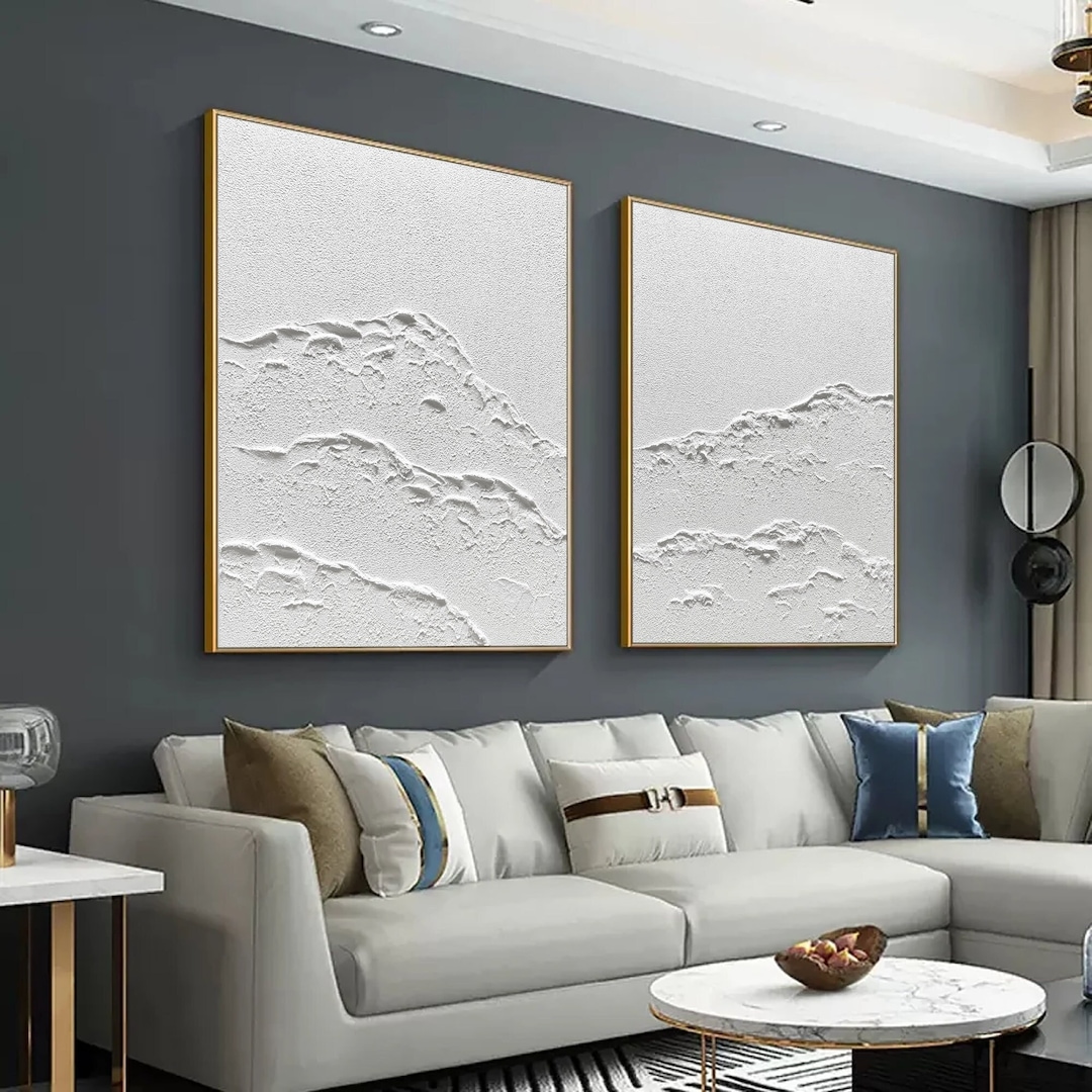 White 3d Textured Wall Painting Set of 2 White Abstract Mountain ...