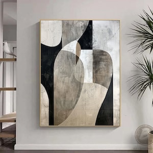 Large Beige Abstract Geometric Oil Painting Beige and Black Wabi Sabi ...