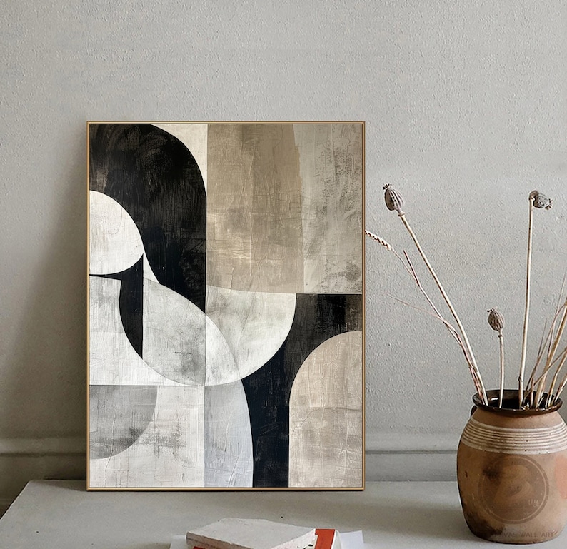 Large Beige Abstract Geometric Oil Painting Modern Wabi Sabi Wall Art ...