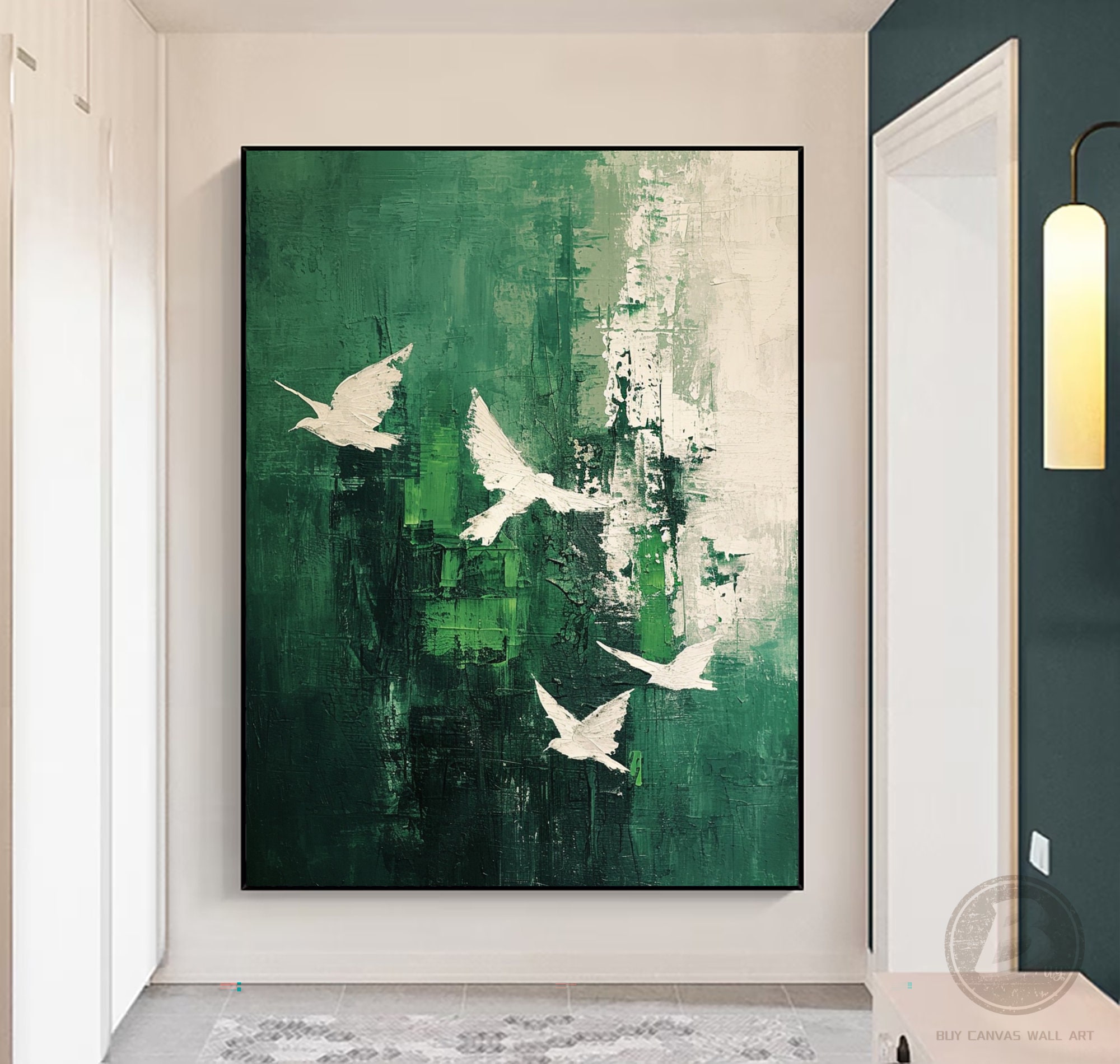 Large Green Abstract Painting Green Minimalist Wall Art White Dove Bird ...