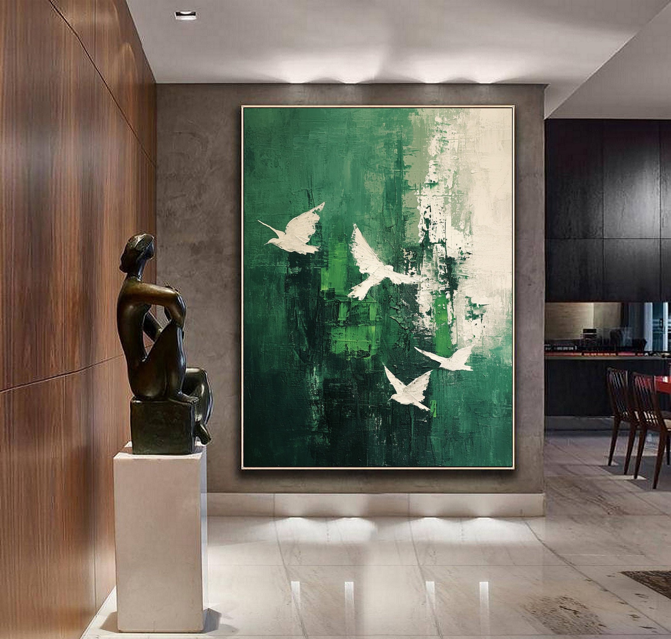 Large Green Abstract Painting Green Minimalist Wall Art White Dove Bird ...