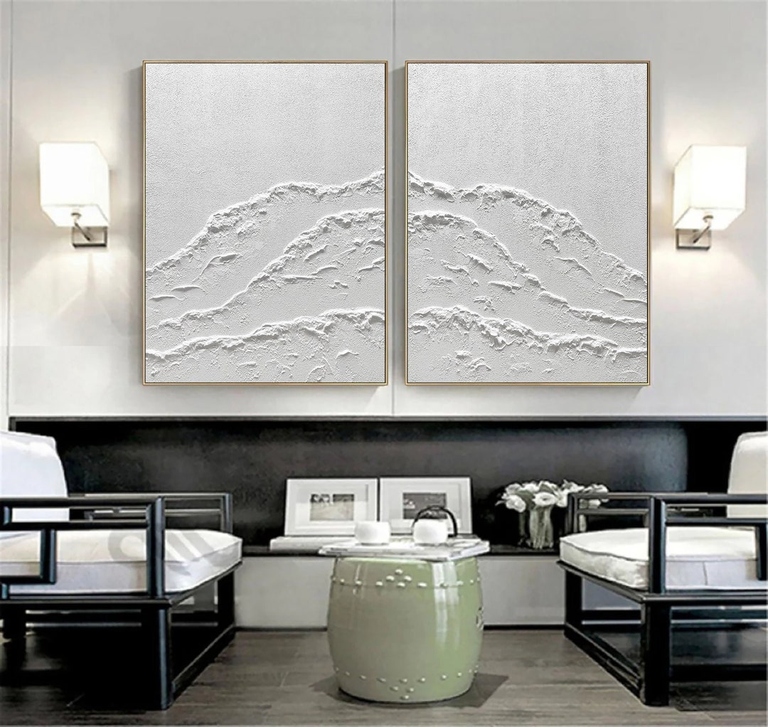 Set of 2 Large White Wall Art White Abstract Mountain Painting Set of 2 ...