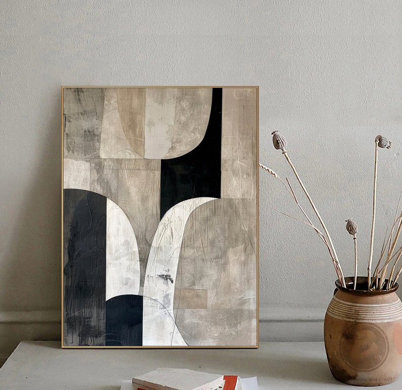 Large Creamy Beige Abstract Geometric Oil Painting Modern Wabi Sabi ...
