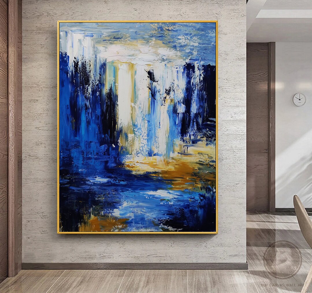 Dark Blue Abstract Landscape Painting Blue White Waterfall Lanscape Art ...