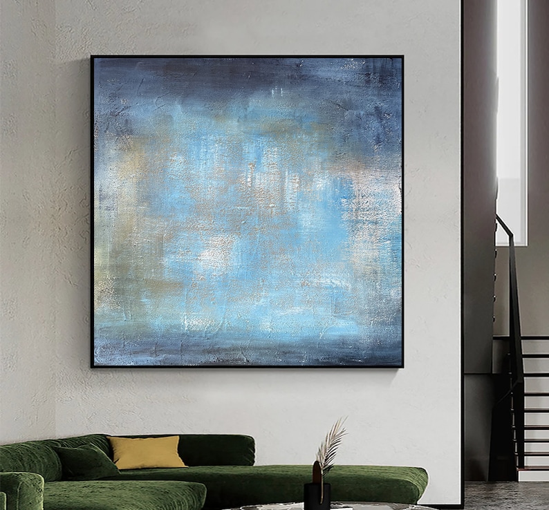 Original Minimalist Painting Blue Abstract Canvas Wall Art Blue ...
