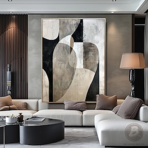Large Beige Abstract Geometric Oil Painting Beige and Black Wabi Sabi ...