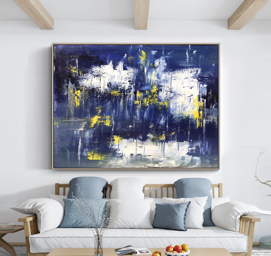 Large Dark Blue Abstract Painting White Textured Wall Painting Blue ...