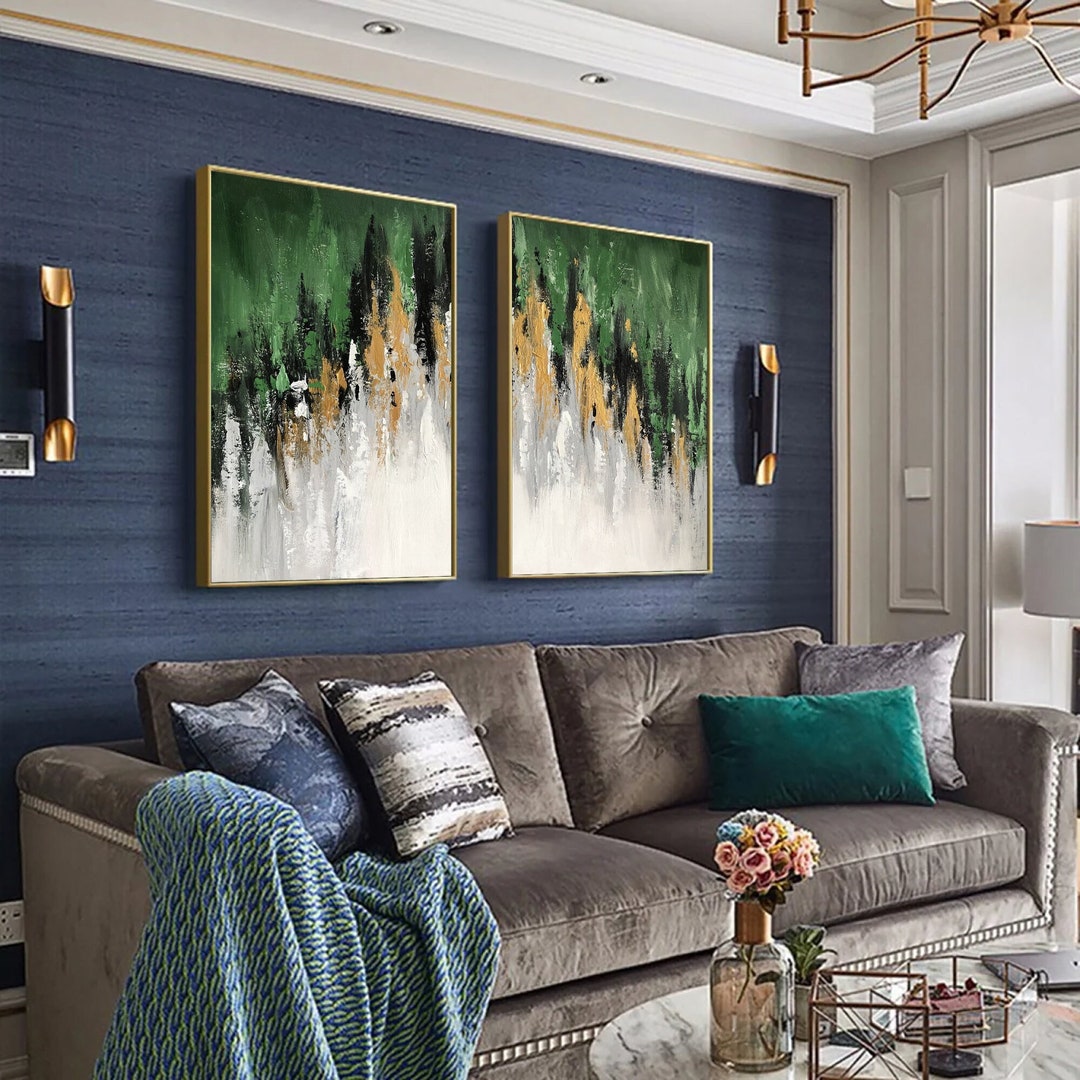 Large Green Abstract Forest Landscape Painting Set of 2 Emerald Green ...