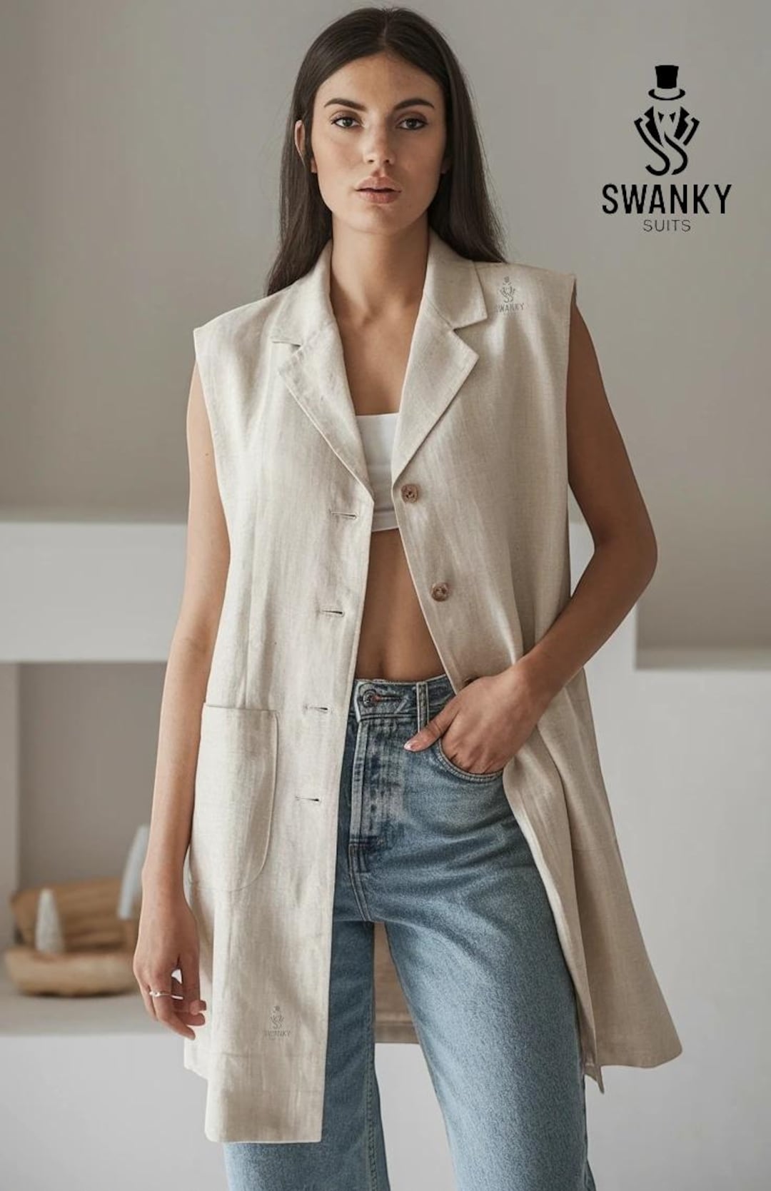 Beige Linen Sleeveless Long Jacket Vest With Patch Pockets - Etsy