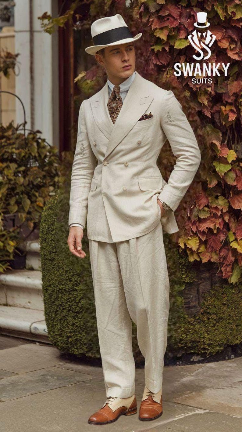 Men's Beige Linen Double Breasted Suit: Classic Peak Lapel, Summer ...