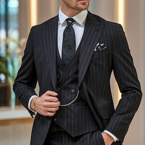 Men's Premium Black Pinstripe 3 Piece Suit Peak Lapel for Business ...