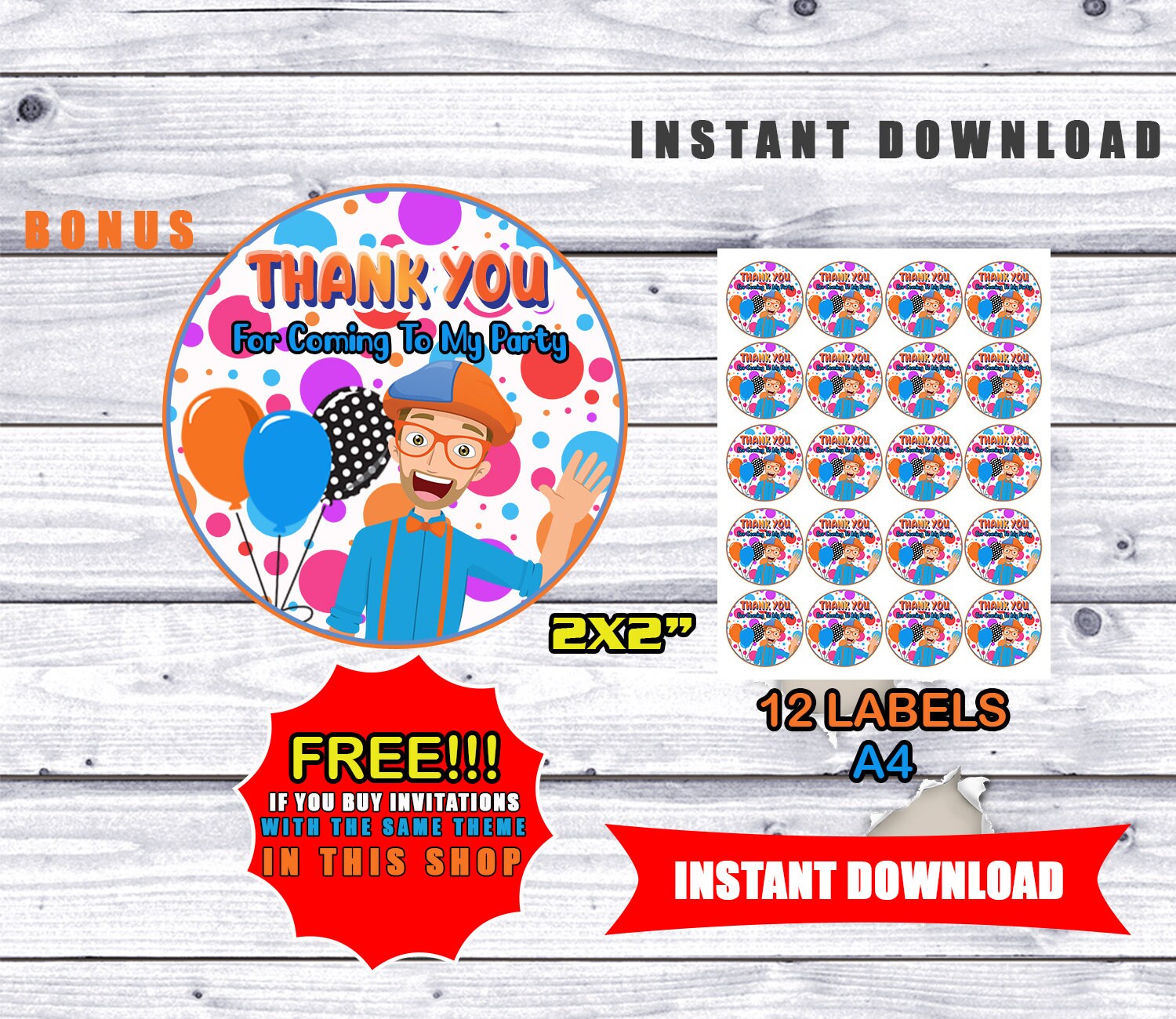 Blippi Thank You Round Labels Printable Stickers/gift Tags | Etsy