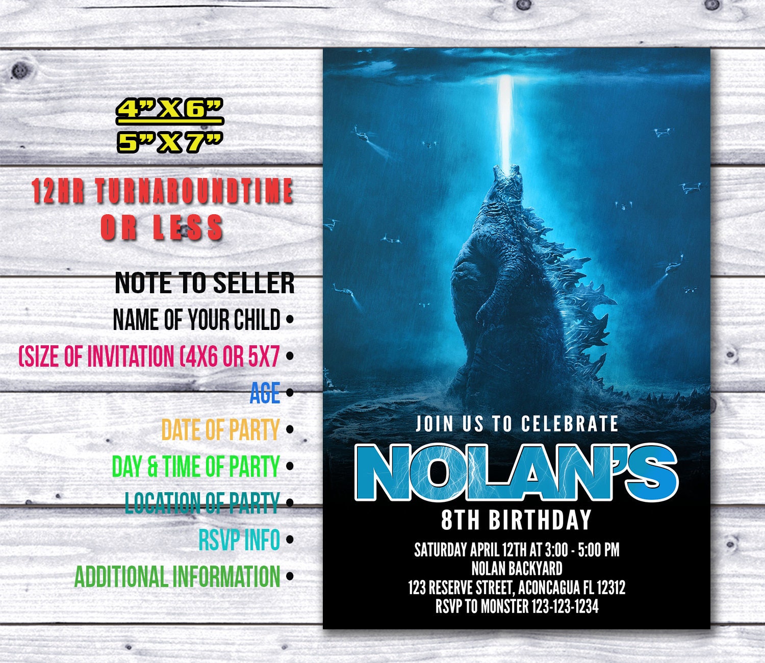 Godzilla Invitation, Godzilla Birthday, Godzilla Party, Godzilla Invite ...