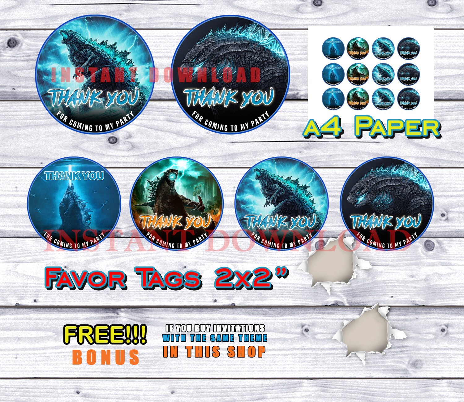 Godzilla Thank You Round Labels, Printable Stickers/gift Tags, Godzilla ...