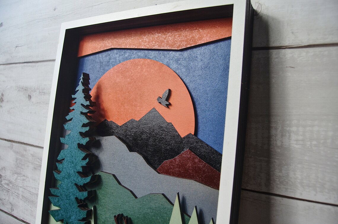 Wooden Mountain Scene Picture. 3D Layers Wood Painting Home Decor - Etsy