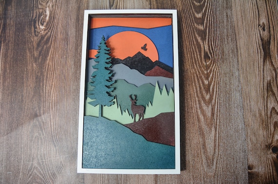 Wooden Mountain Scene Picture. 3D Layers Wood Painting Home | Etsy