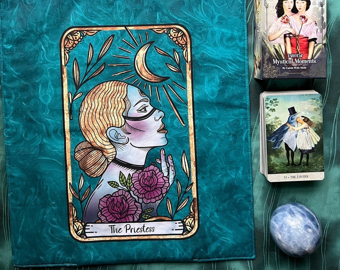 Blue Tarot Wrap, Priestess Design, Wrap Around Tarot Cloth With Pocket ...