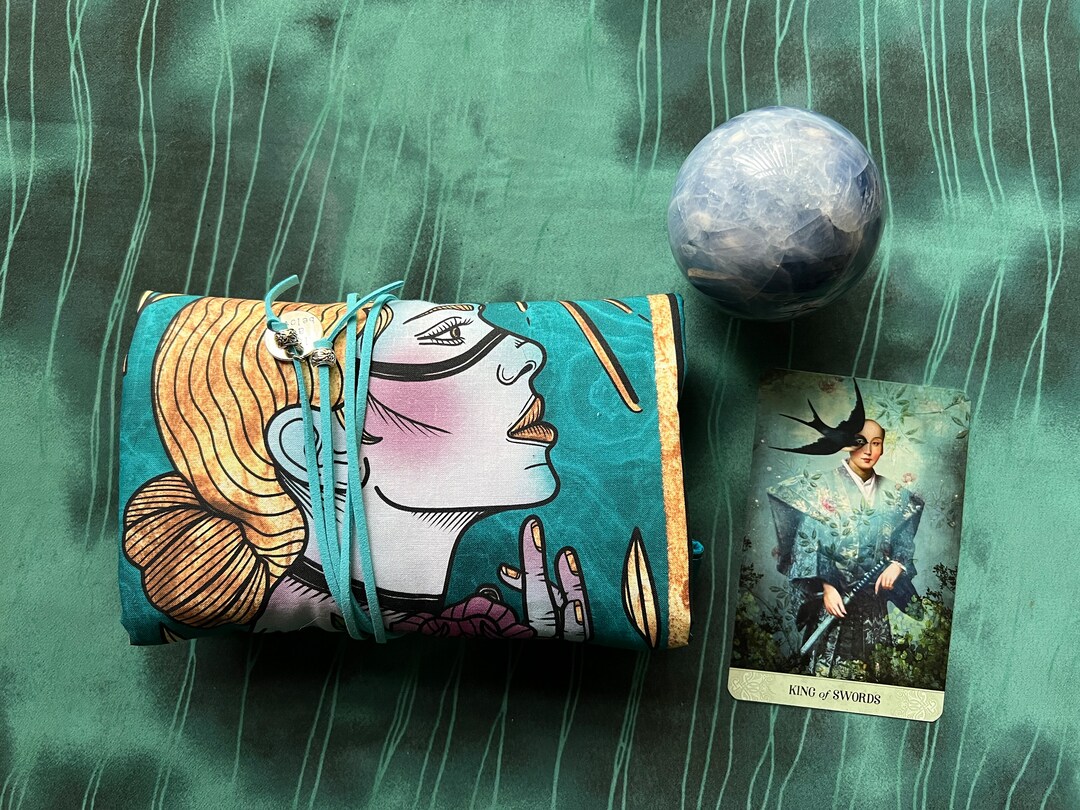 Blue Tarot Wrap, Priestess Design, Wrap Around Tarot Cloth With Pocket ...