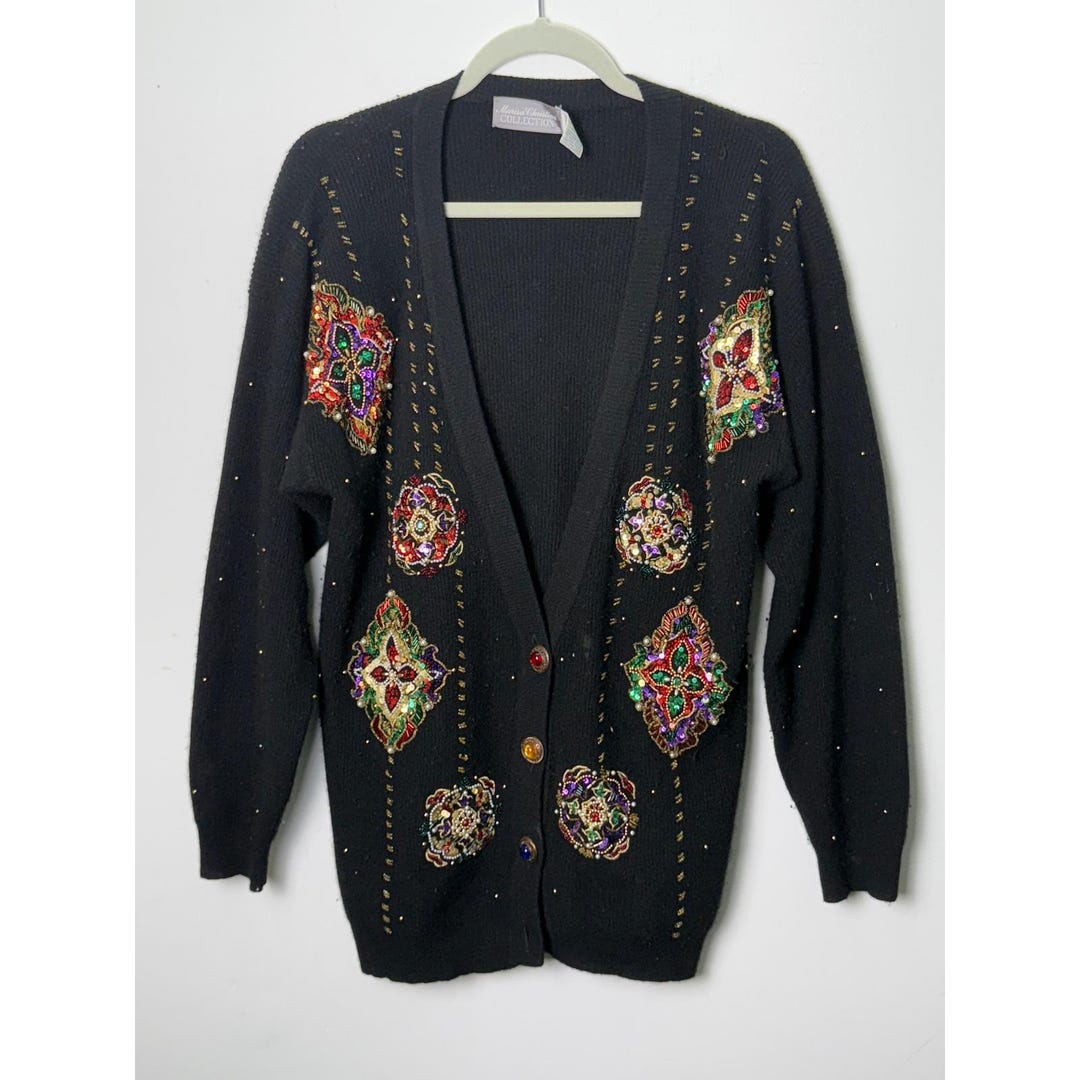 VTG Marisa Christina Collection Black Embellished Cardigan Sweater Size ...