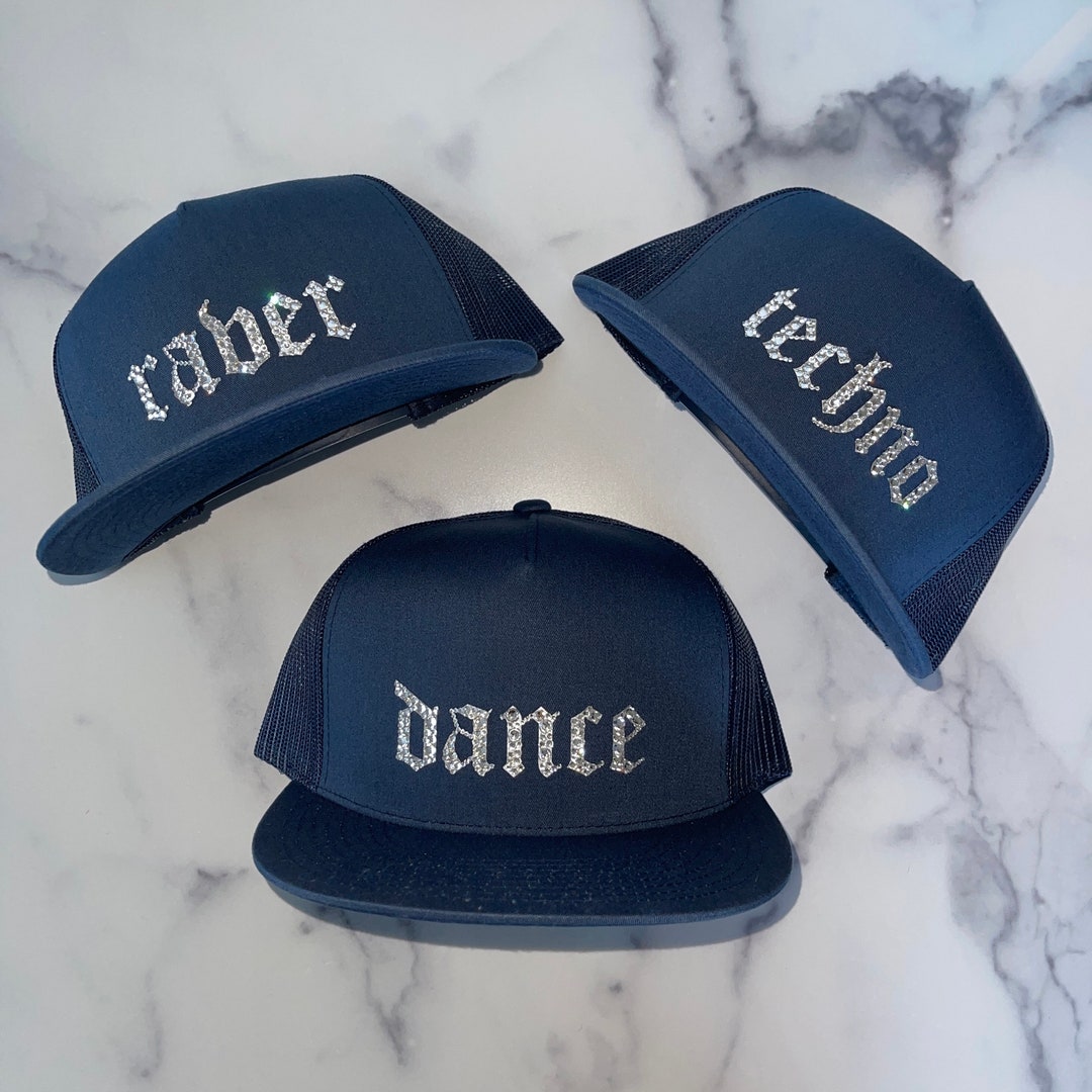 Snapback Trucker Hat Ft. Techno, Raver, Dance Designs in Crystal Bling ...
