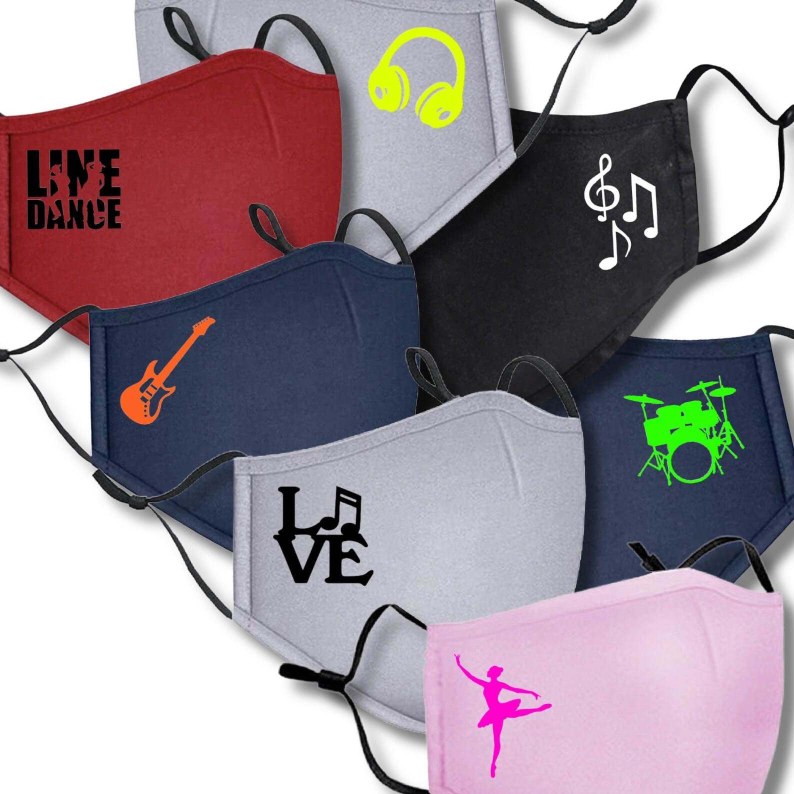 Face Mask With Music and Dance Designs Ft. Music Notes Drum - Etsy