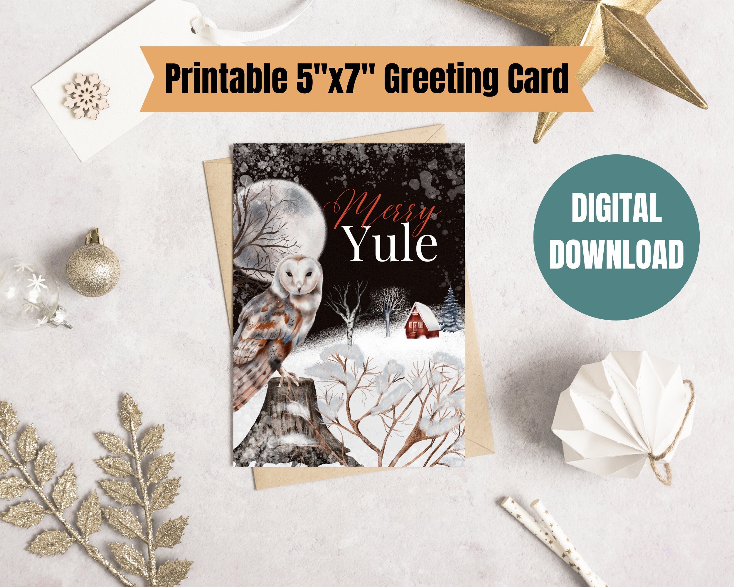 Merry Yule Card Digital Download Printable, Winter Woodland Yule Card ...
