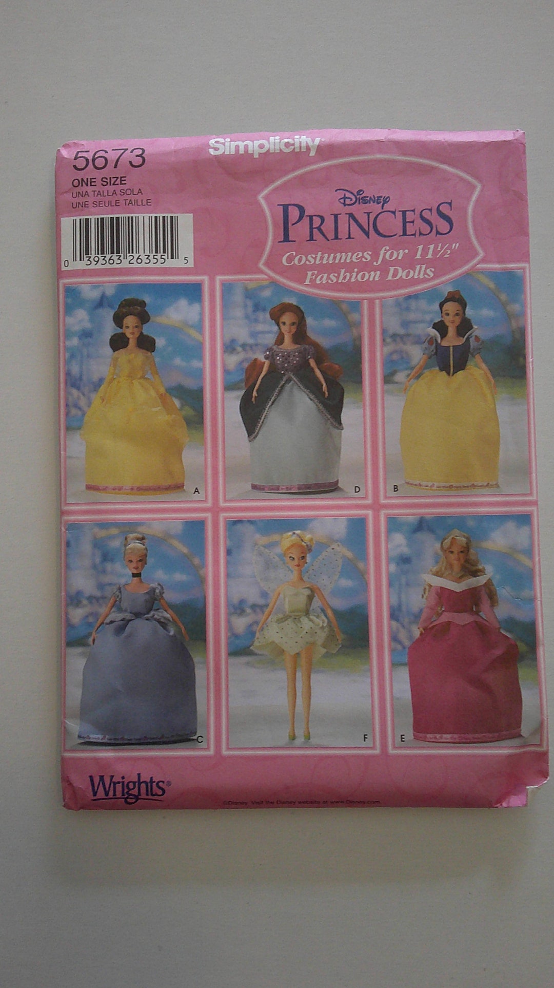 Simplicity 5673 Disney Princess Costumes for 11 1/2 Inch Fashion Doll ...