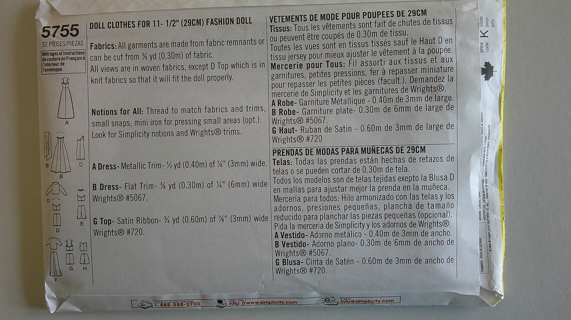 Simplicity 5755 Sewing Patterns for Dummies 11 1/2 Inch Fashion Doll ...