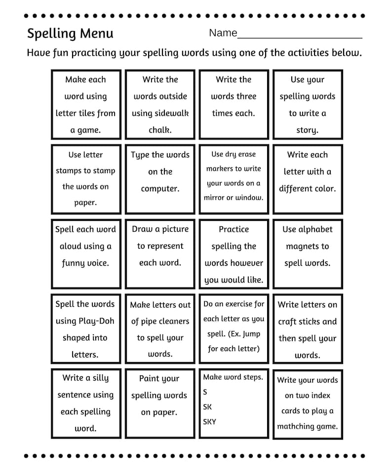 COMPLETE SPELLING PACKET | Homeschool | Elementary Spelling Menu ...