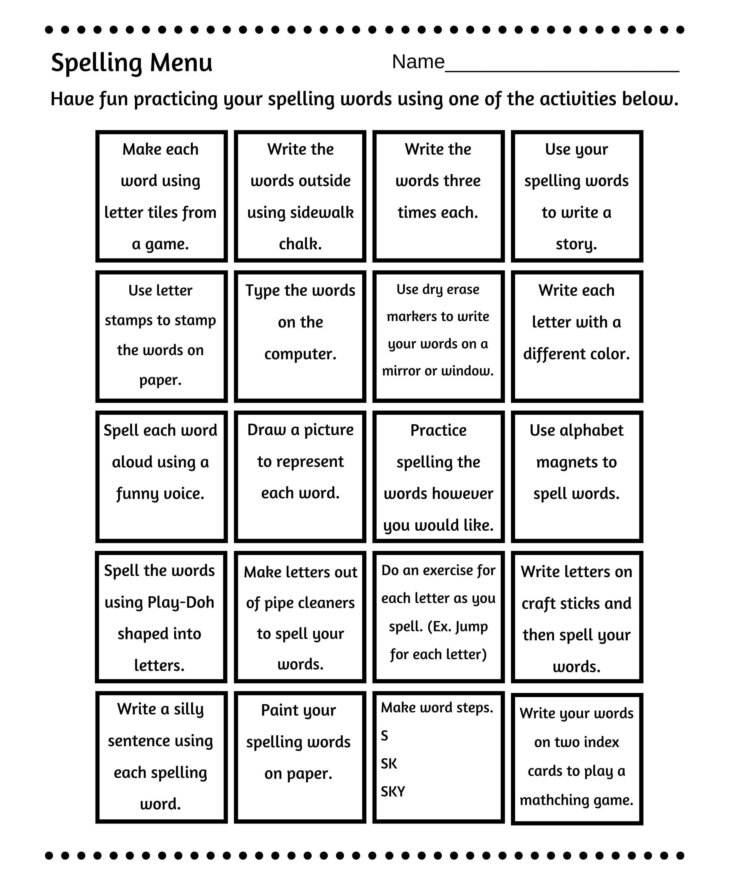 COMPLETE SPELLING PACKET | Homeschool | Elementary Spelling Menu ...