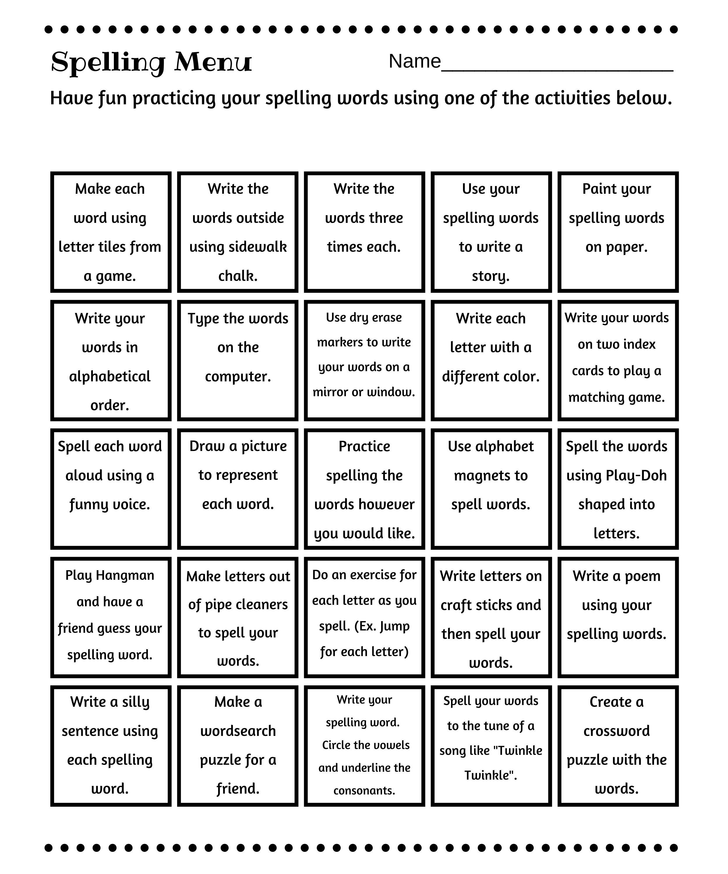 COMPLETE SPELLING PACKET | Homeschool | Elementary Spelling Menu ...