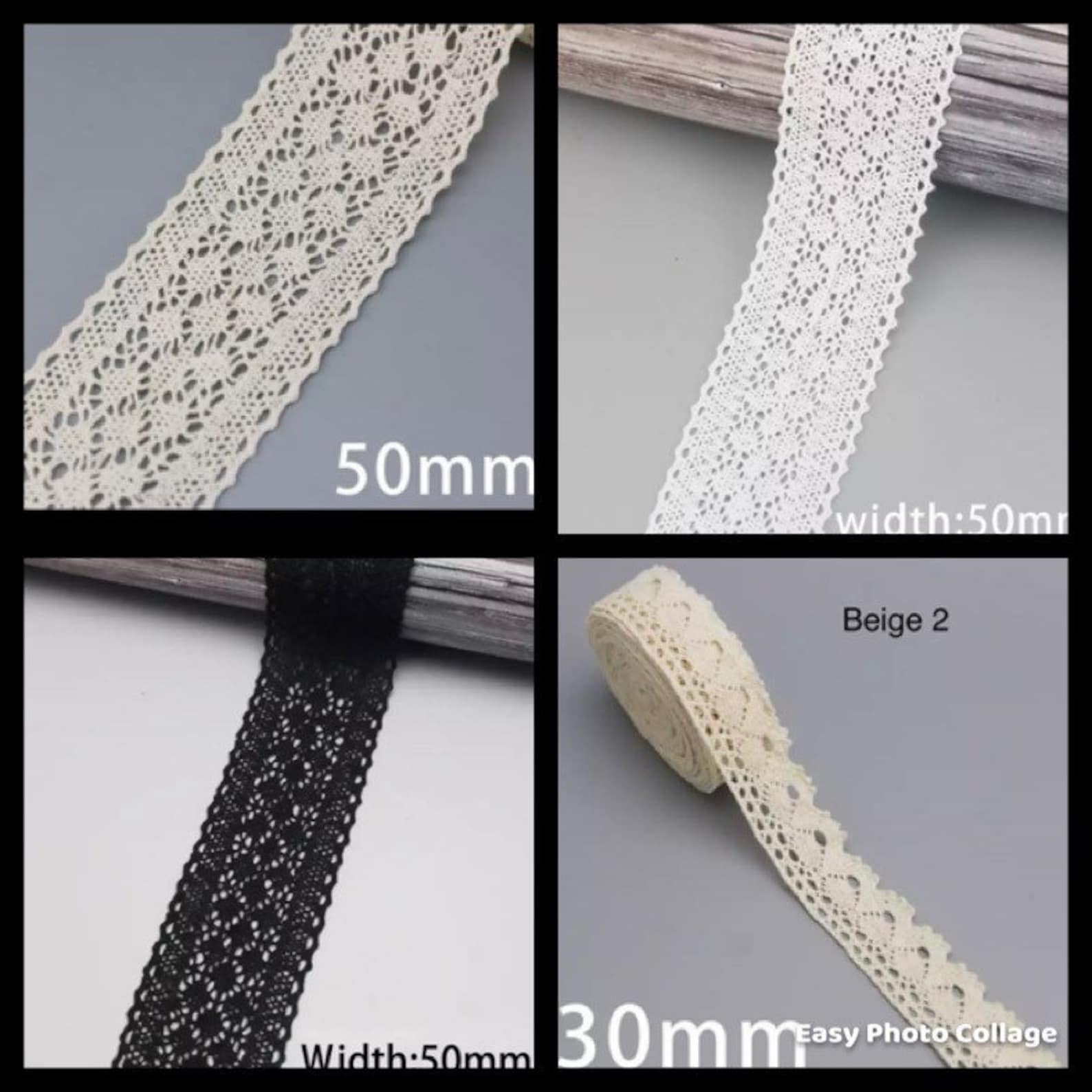 Beige Black and White Cotton Embroidered Lace Net Ribbons | Etsy UK