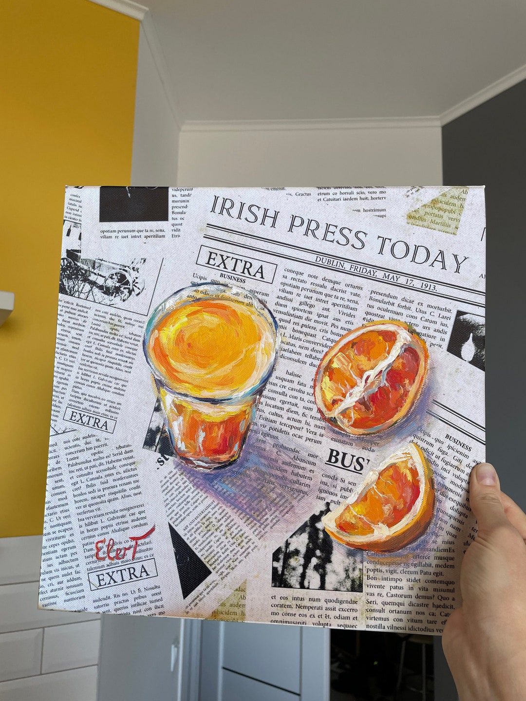 Glass of Orange Juice Print Newspaper Canvas Yellow Orange Living Room ...
