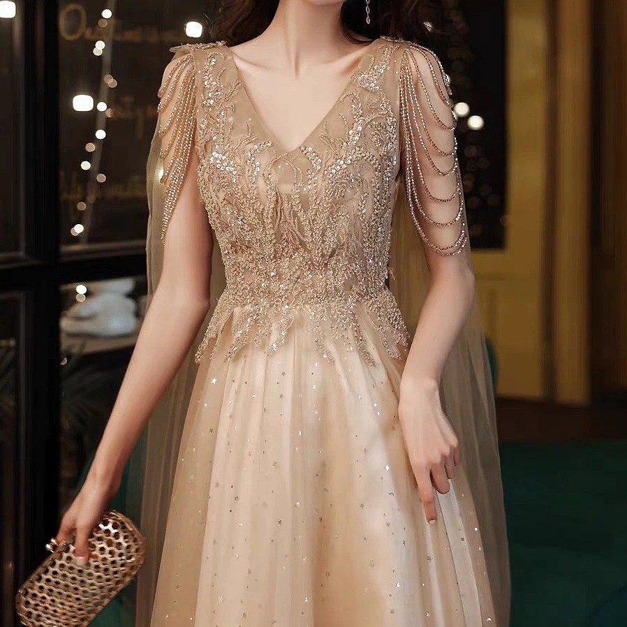 Beautiful Prom Dress Champagne Gold Evening Dress Cape V-neck | Etsy