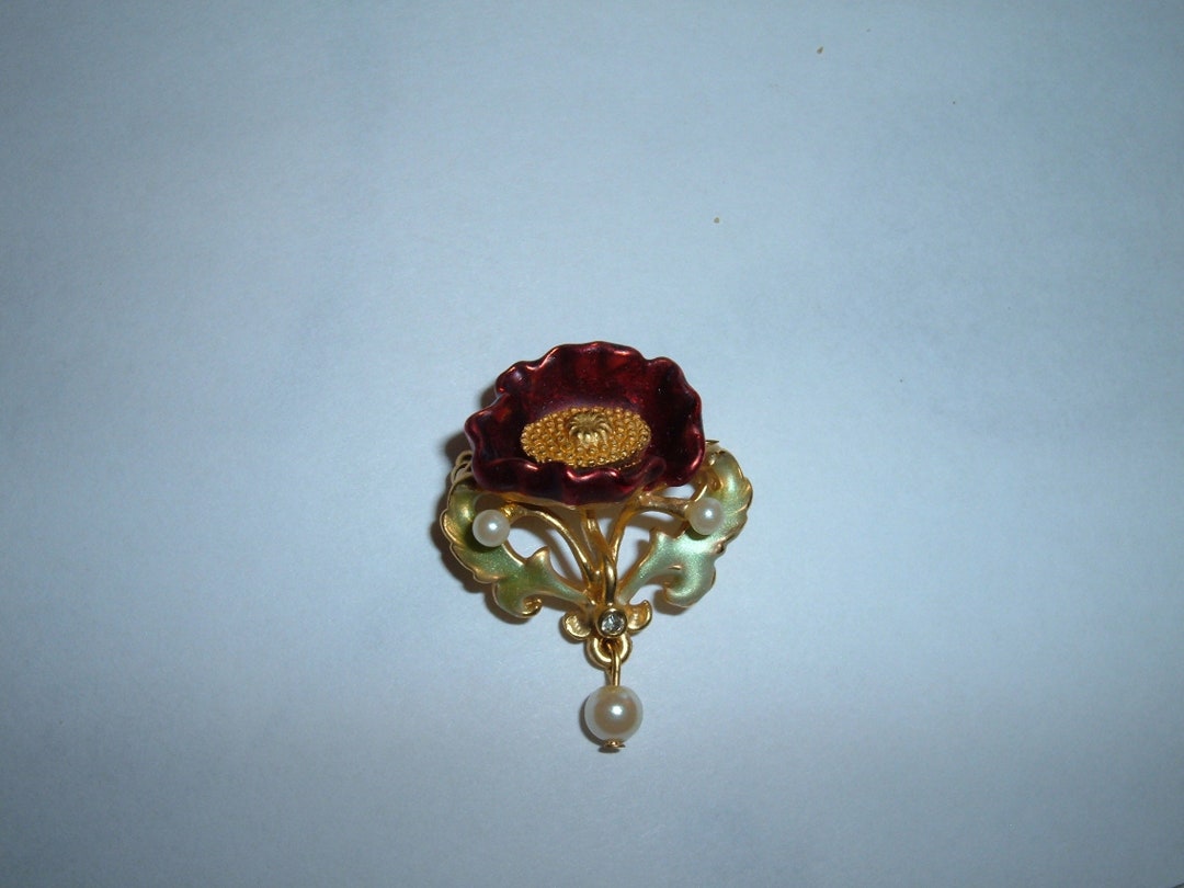 Vintage JOAN RIVERS Enamel & Faux Pearl POPPY Flower Brooch Pin W ...