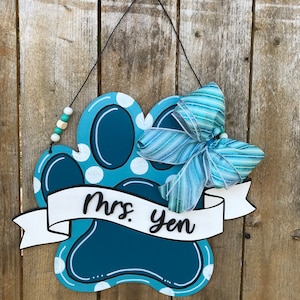 Personalized Paw Print Door Hanger, Teacher Classroom Decor Sign, Dog ...
