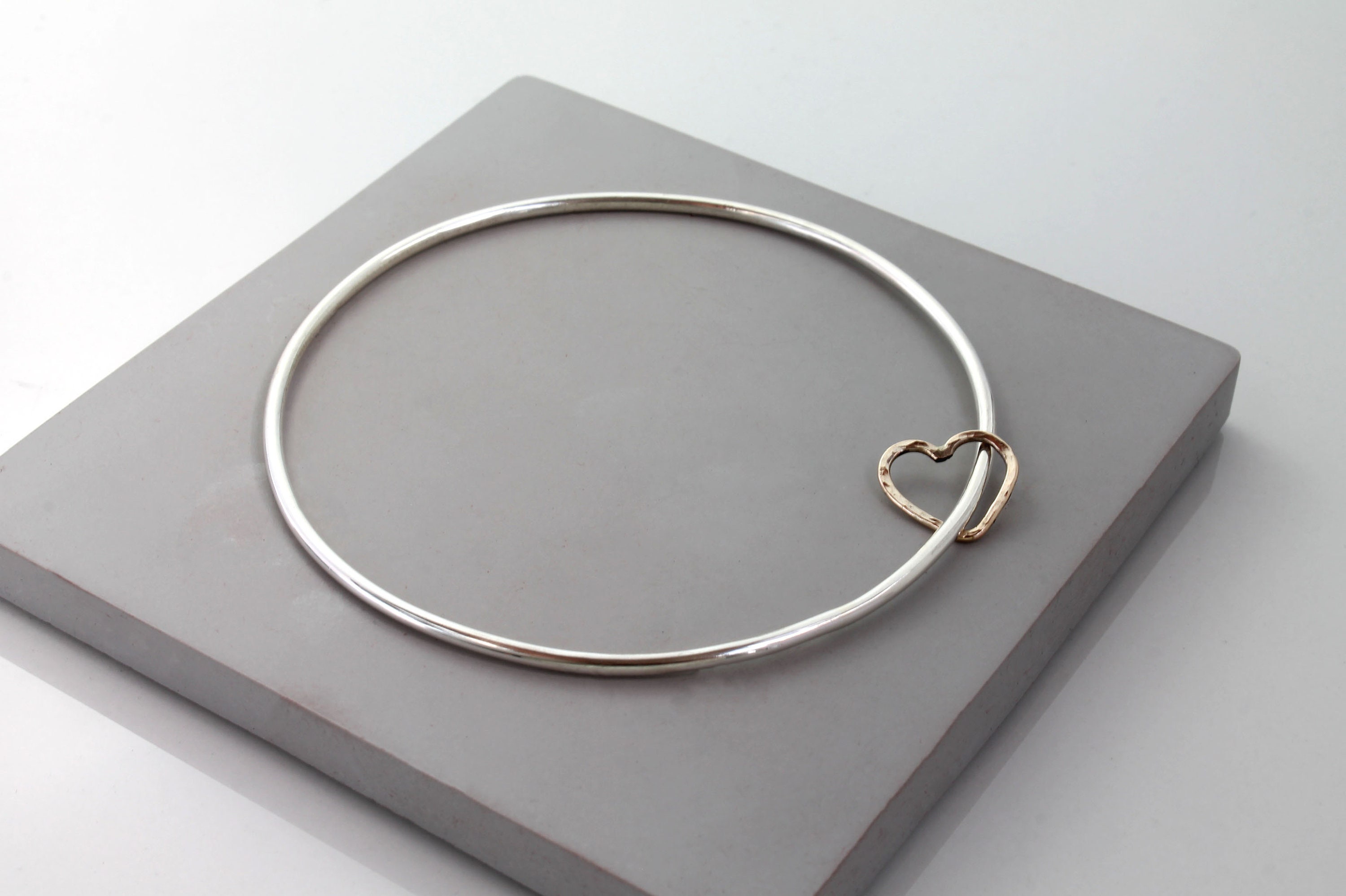 Sterling Silver Heart Bangle// 14 karat rose gold filled | Etsy